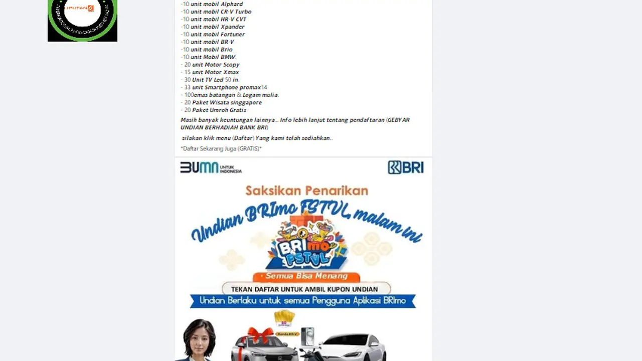 Cek Fakta: Tidak Benar Pendaftaran Gebyar Undian Berhadiah dari BRI - Cek Fakta Liputan6.com