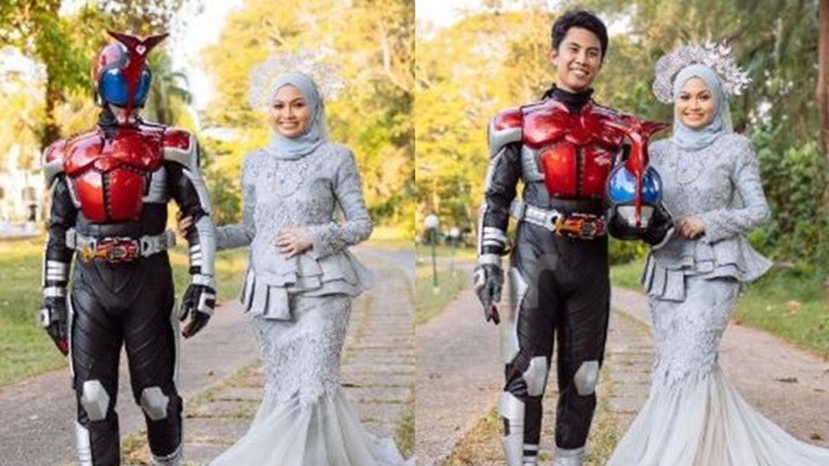 Unik, Pria Ini Pakai Kostum Kamen Rider di Resepsi Pernikahannya