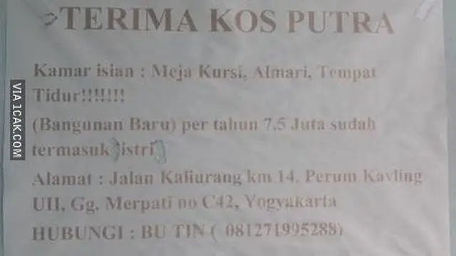 6 Tulisan Terima Kos Putra Ini Bikin Tepuk Jidat - Hot Liputan6.com