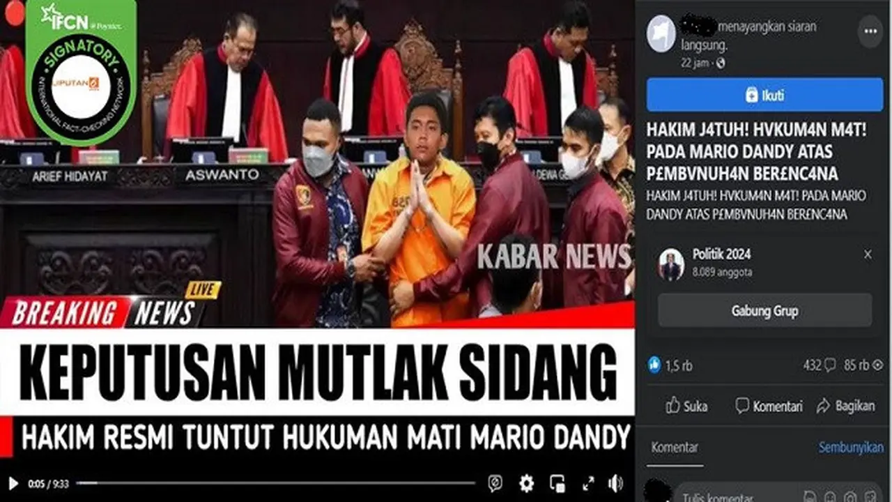 Cek Fakta: Tidak Benar Hakim Vonis Mati Mario Dandy Atas Kasus Pembunuhan Berencana - Cek Fakta ...