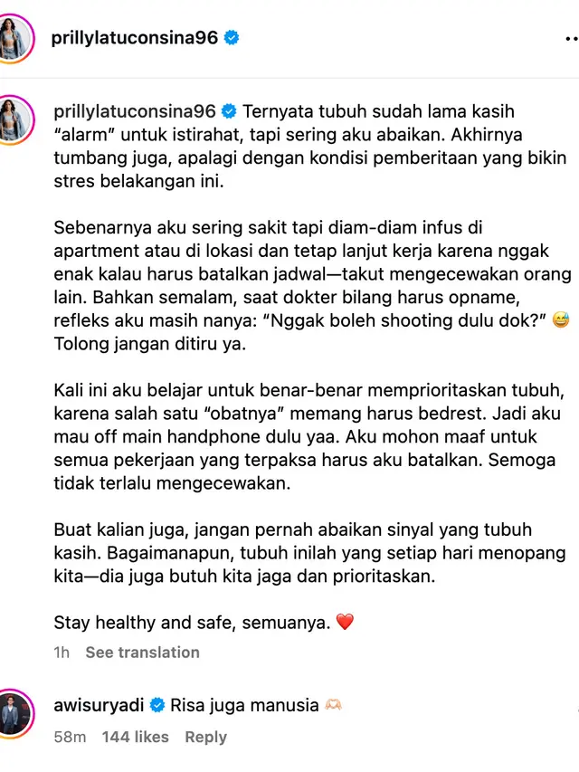 Prilly Latuconsina Opname di Rumah Sakit, Akui Selama Ini Sering Infus ...