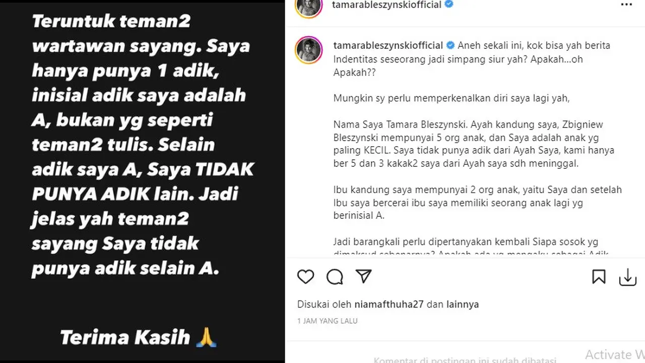 Tamara Bleszynski Tegaskan Tak Punya Adik Lagi Selain Inisial A, Tepis Orang yang Ngaku-Ngaku ...