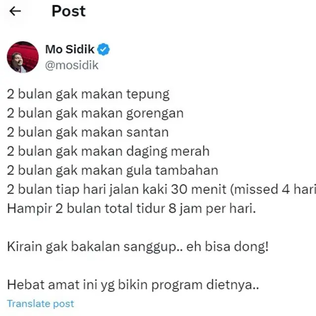 Berat Badan Turun 10 Kg dalam 2 Bulan, Mo Sidik Ungkap Pantangan ...