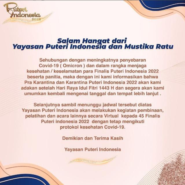 Daftar 45 Finalis Puteri Indonesia 2022, Karantina Digelar Usai Lebaran