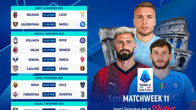 Jadwal dan Live Streaming Serie A Matchweek 11 di Vidio - Bola Liputan6.com