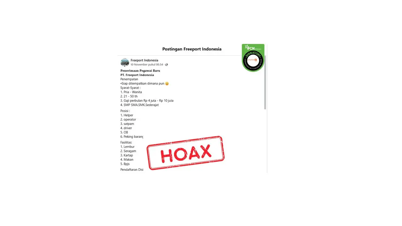 Cek Fakta: Hoaks Tautan Pendaftaran Lowongan Kerja PT Freeport Indonesia - Cek Fakta Liputan6.com