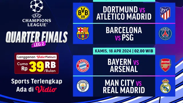 Jadwal Siaran Langsung Liga Champions 2023/2024 Babak 8 Besar Leg 2 di Vidio Pekan Ini - Ragam ...
