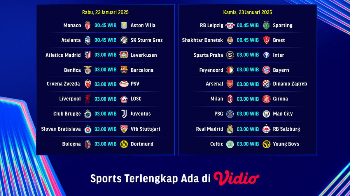 Jadwal Live Streaming Liga Champions 2024/2025 Matchweek 7 di Vidio - On Off Liputan6.com