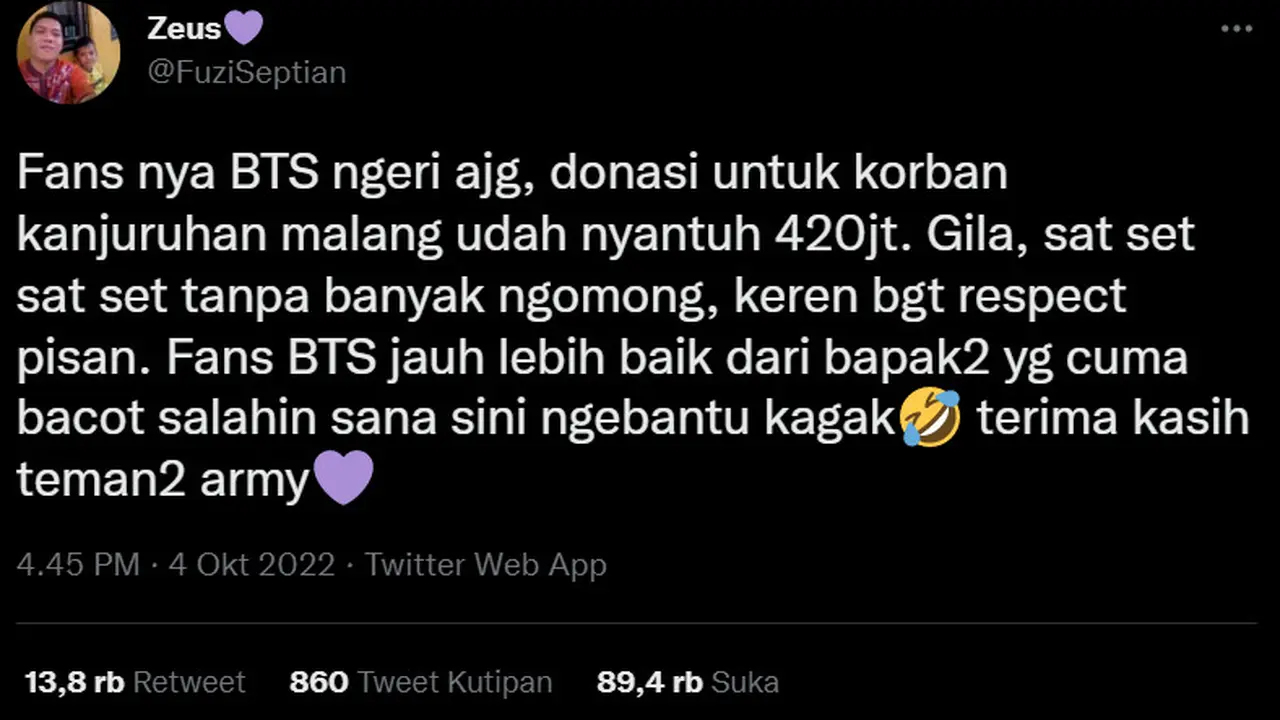 Fans BTS Kumpulkan Donasi Rp447 Juta untuk Korban Tragedi Kanjuruhan, Warganet: Terima Kasih ...