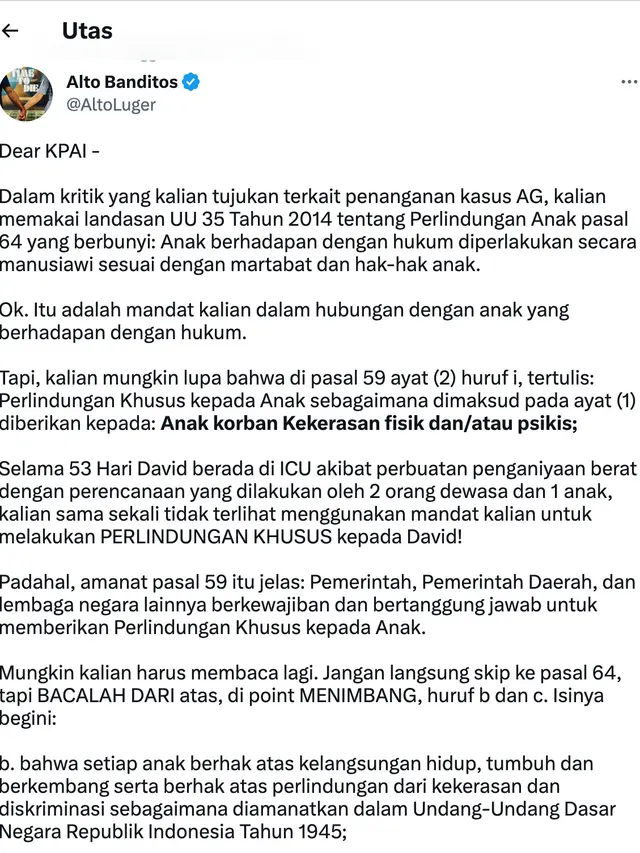 Surat Terbuka Keluarga David Ozora Buat KPAI, Ngeluh 53 Hari di ICU Tak ...