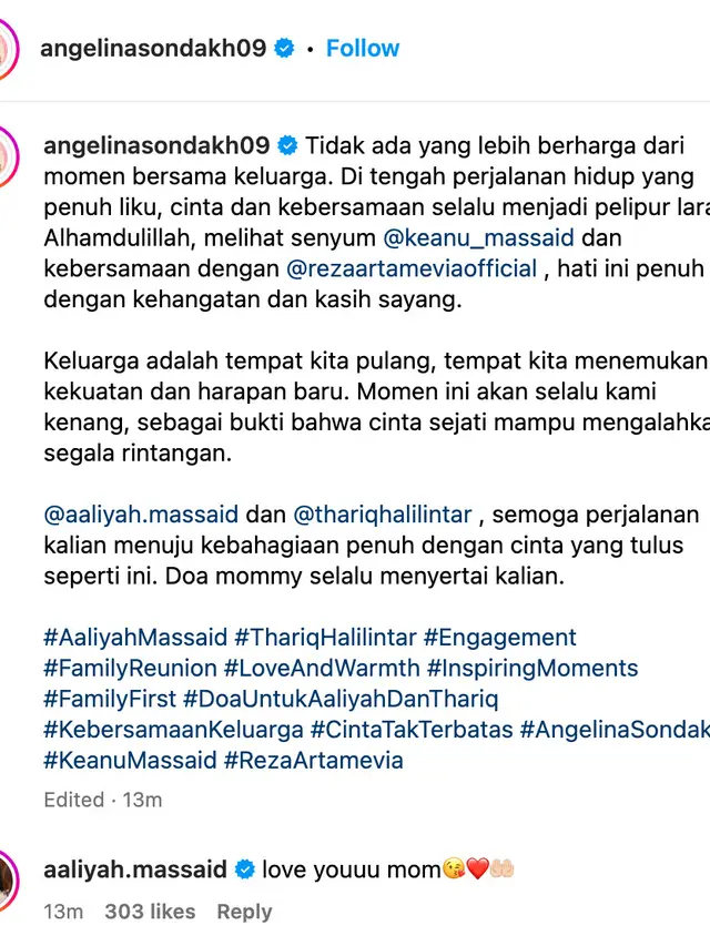 Pesan Terbuka Angelina Sondakh Setelah Aaliyah Massaid Dilamar: Keluarga Adalah Tempat Kita ...