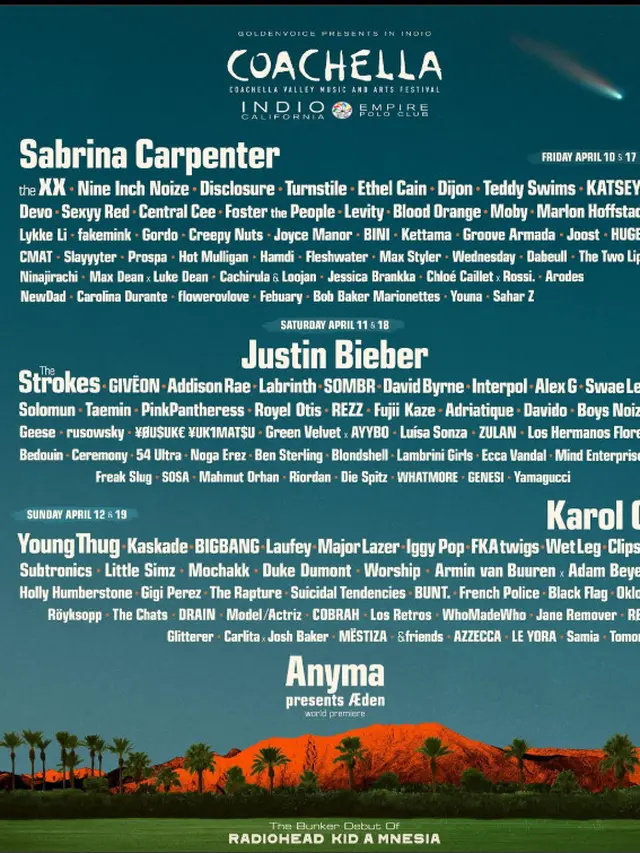 Line-up Coachella 2026 Diumumkan, Justin Bieber dan Sabrina Carpenter ...