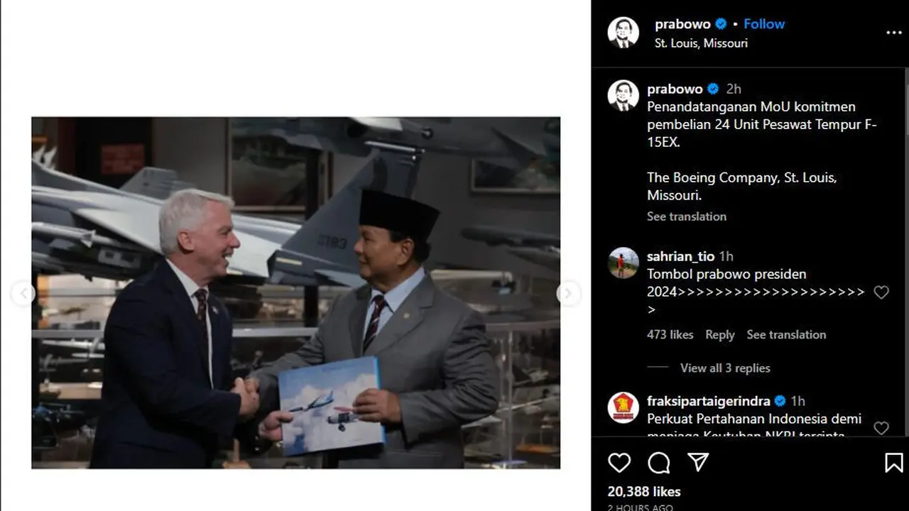 Menhan Prabowo Subianto Teken MoU Pembelian 24 Pesawat Tempur Boeing F ...