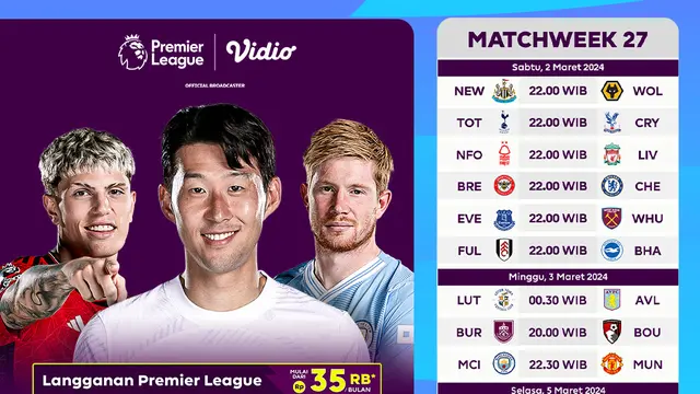 Jadwal Siaran Langsung Liga Inggris 2023/2024 Matchweek 27 di Vidio, 2-5 Maret 2024 - Inggris ...