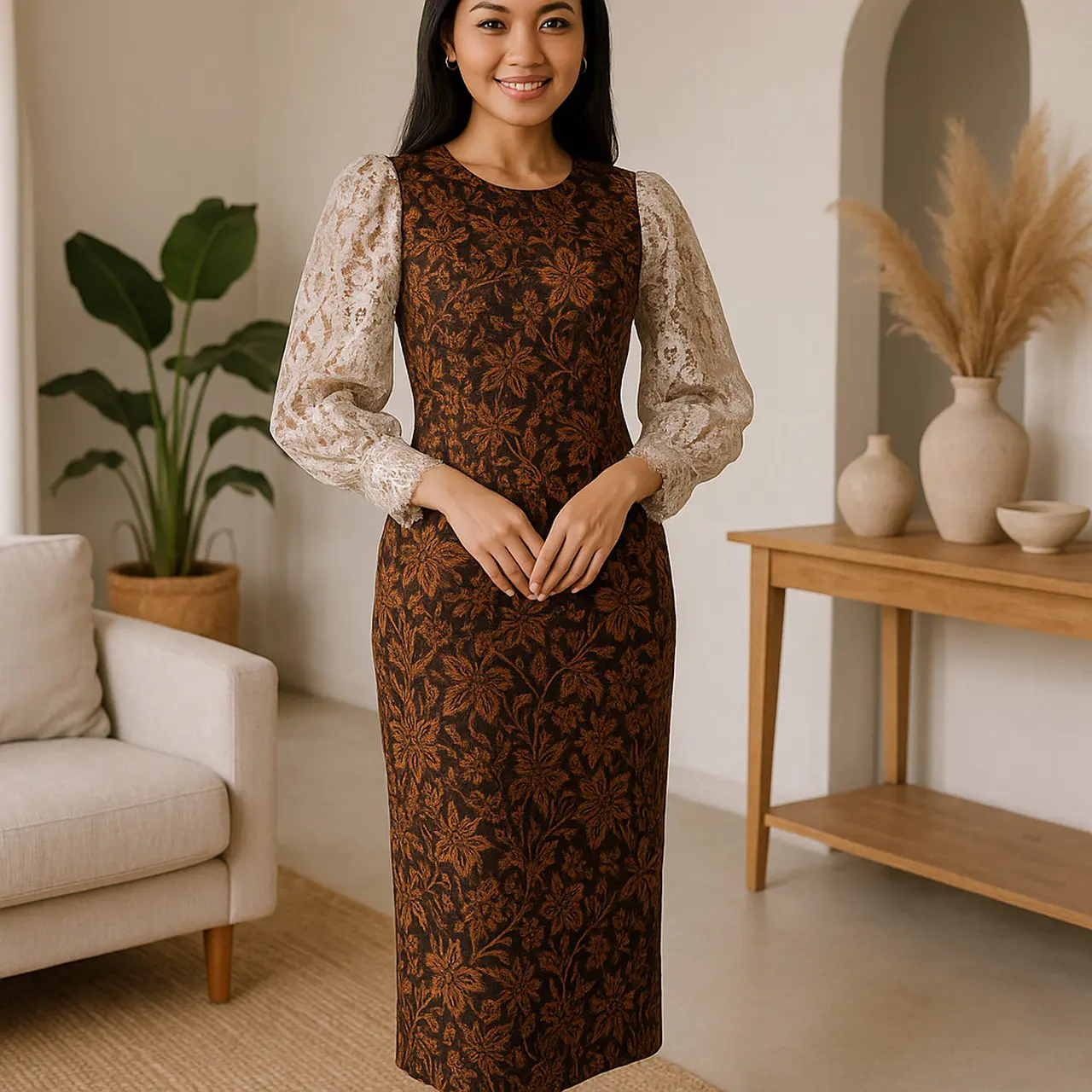 20 Model Dress Batik Kombinasi Brokat Lengan Panjang, Anggun untuk ...