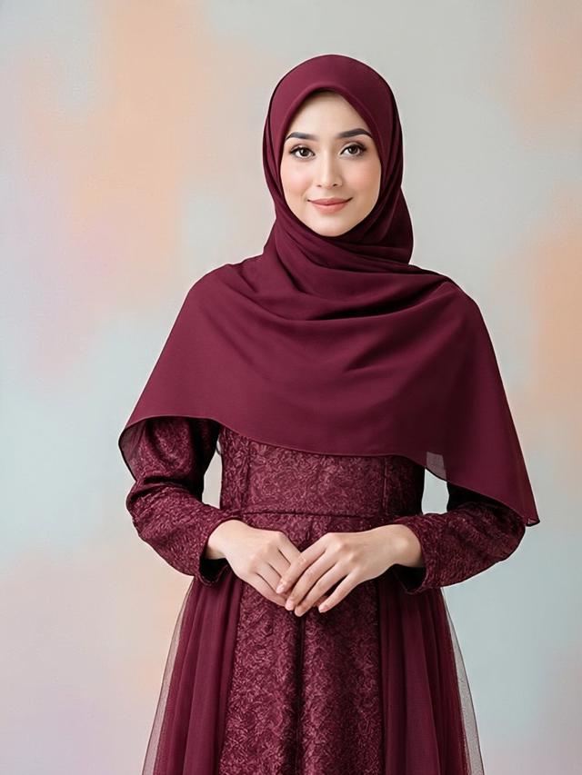 6 Inspirasi Dress Brokat Hijab Burgundy 2025, Tampilan Elegan dan Mewah ...