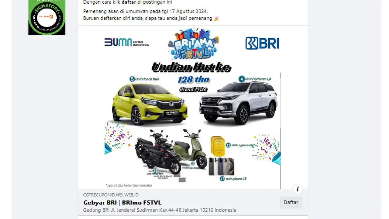 Cek Fakta: Pendaftaran Undian BRI 2024 Festival BRImo HUT ke-128 Ini ...