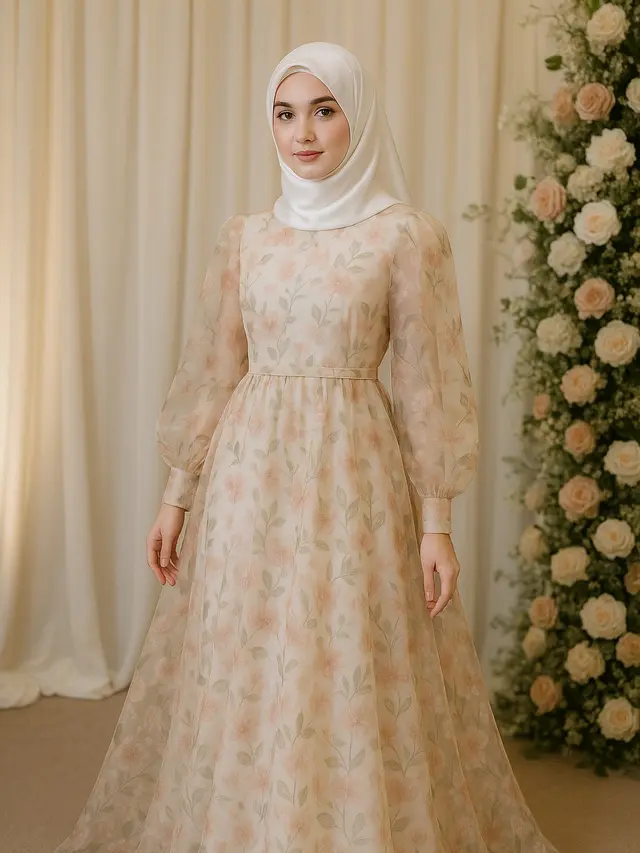 10 Rekomendasi Model Gamis Berbunga dan Dress Putih Islami untuk Acara ...