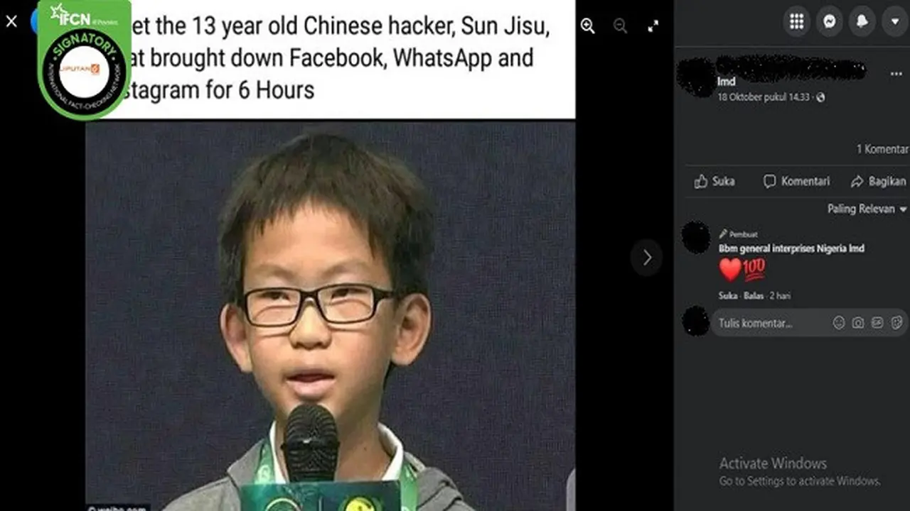 Cek Fakta: Tidak Benar Remaja Asal China, Sun Jisu Meretas Facebook, WhatsApp, dan Instagram ...