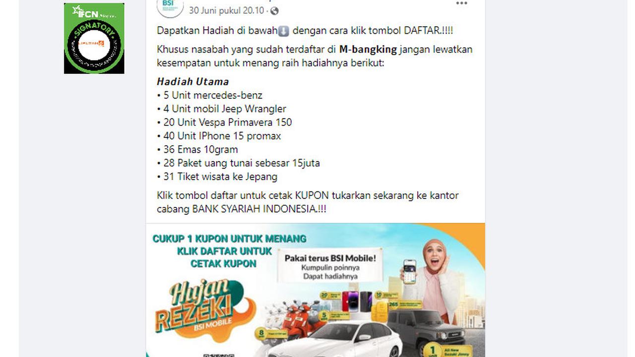 Cek Fakta: Tidak Benar Pendaftaran Pembagian Hadiah dari BSI