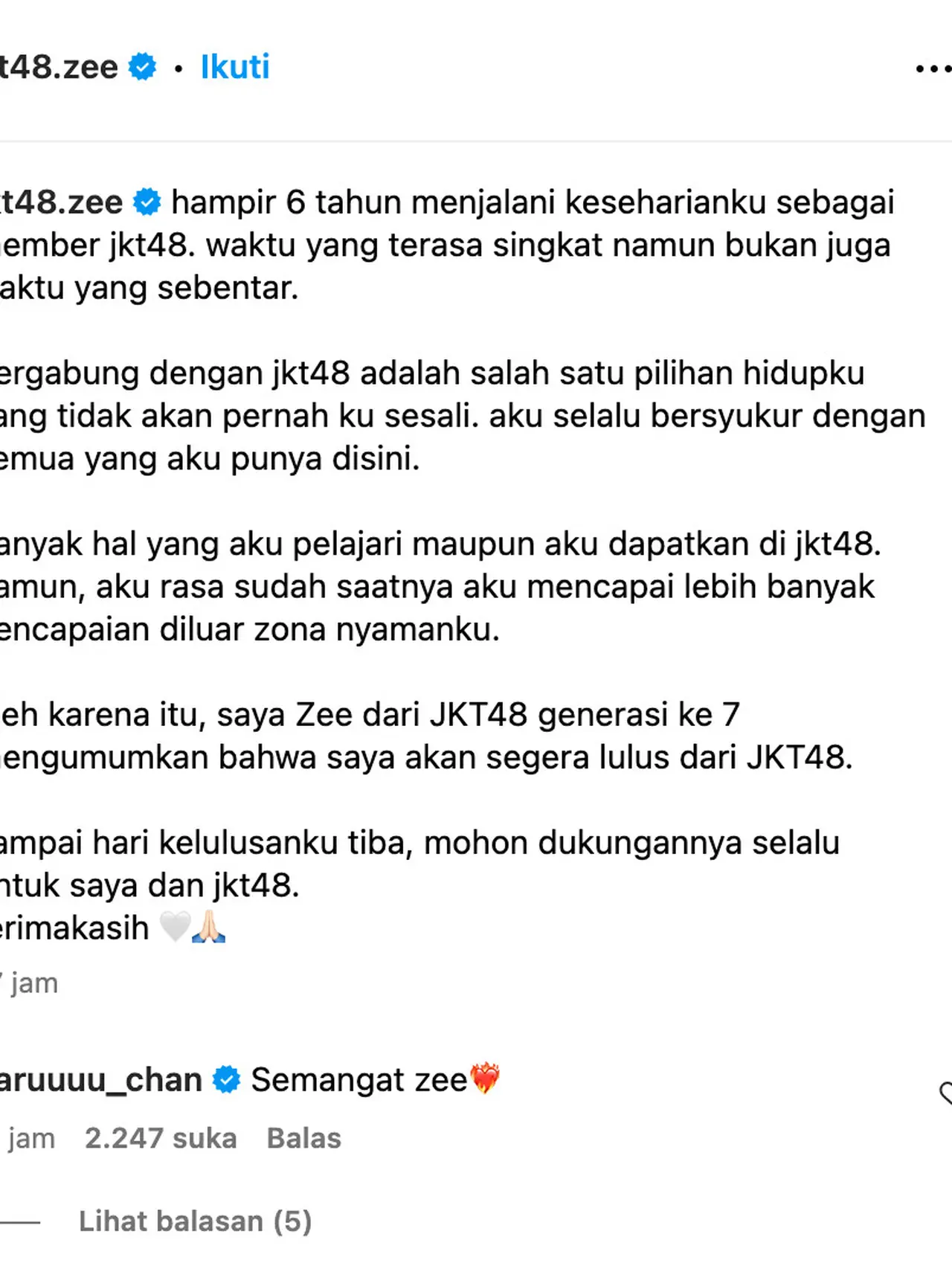 Zee JKT48 Umumkan Segera Lulus Setelah 6 Tahun Gabung, Ingin Raih Lebih Banyak Pencapaian di ...