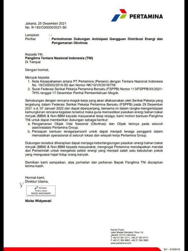 Beredar Surat Dirut Pertamina Minta Bantuan TNI Amankan Objek Vital ...