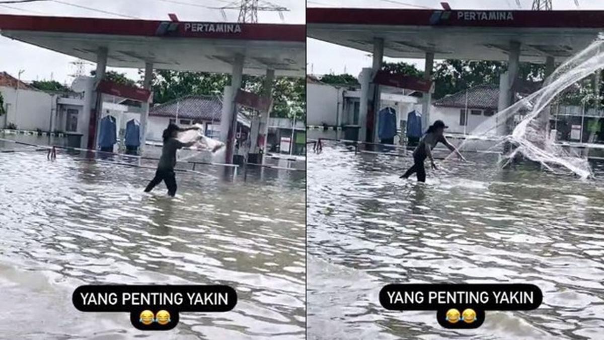 Viral Video Orang Jala Ikan saat Banjir di Jalan Raya, Jadi Sorotan