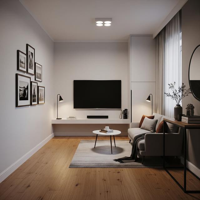 6 Ide Layout Ruang Tamu Sempit dengan Rak TV Tempel dan Lemari Tipis