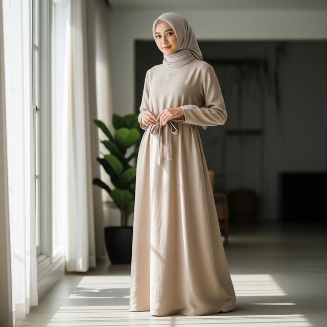 9 Model Gamis Linen Simple Warna Nude, Pilihan Busana Muslimah Modern
