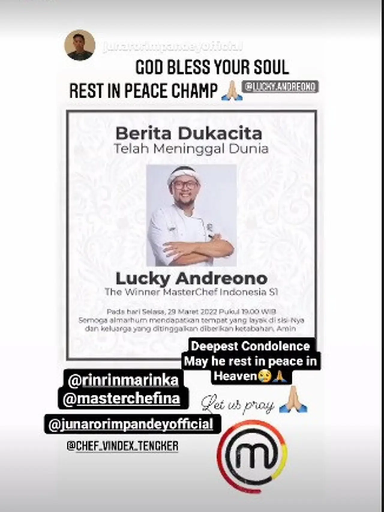 Lucky Andreono Meninggal Dunia, Chef Juna Rorimpandey dan Juri ...
