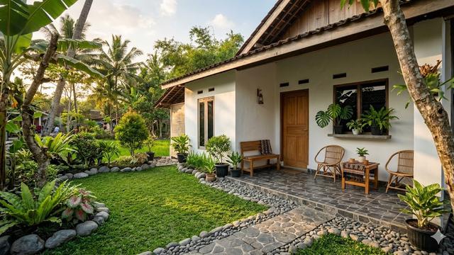 8 Contoh Rumah Desa dengan Teras Keramik Motif Batu dan Taman Mini