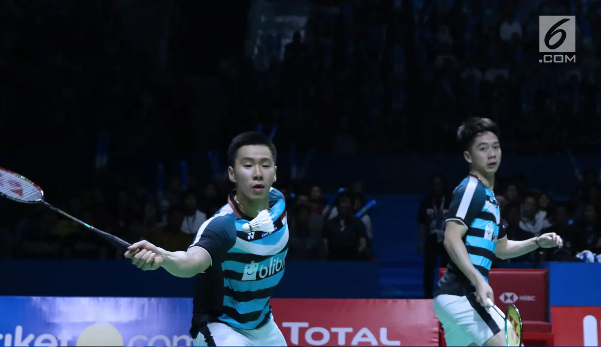 FOTO: Langkah Fajar / Rian Dihentikan Kevin / Marcus - Foto Liputan6.com