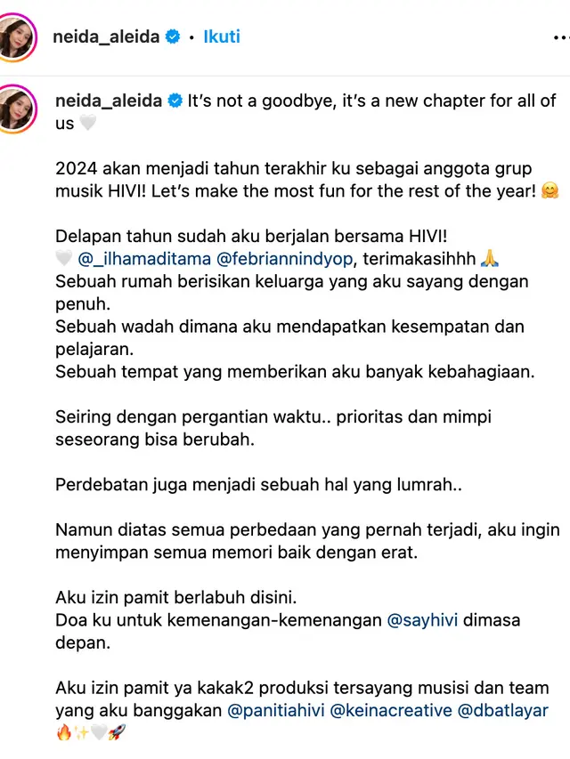 Heboh Neida Aleida Mundur dari Posisi Vokalis HiVi Setelah 8 Tahun: Aku ...