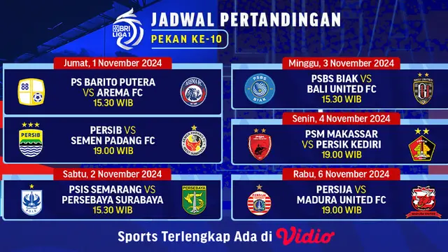 Jadwal dan Siaran Langsung BRI Liga 1 2024/2025 Matchweek 10 di Vidio - On Off Liputan6.com