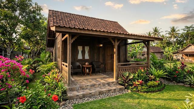 8 Contoh Rumah Desa dengan Teras Keramik Motif Batu dan Taman Mini
