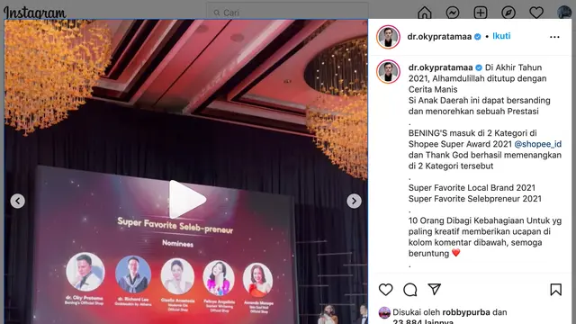 Dokter Sekaligus Selebgram Oky Pratama Menang 2 Penghargaan, Banjir Ucapan Selamat dari Para ...