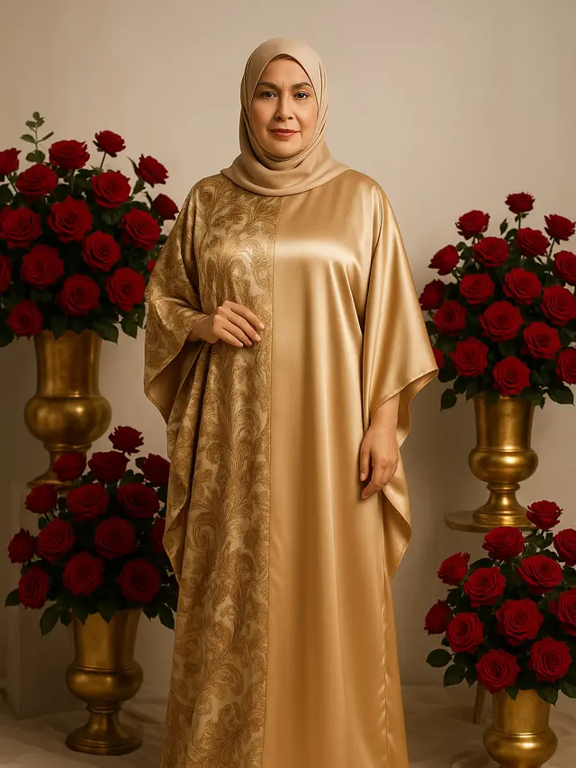 7 Model Gamis Silk Motif Kombinasi Polos untuk Ibu-Ibu Usia 50-an ...