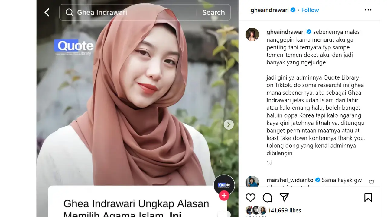 Ghea Indrawari Protes Ada Konten yang Menyebutnya Mualaf, Tegaskan ...