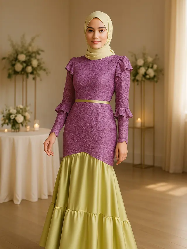 8 Inspirasi Gamis Brokat Satin 2025 dengan Paduan Warna Kontras untuk ...