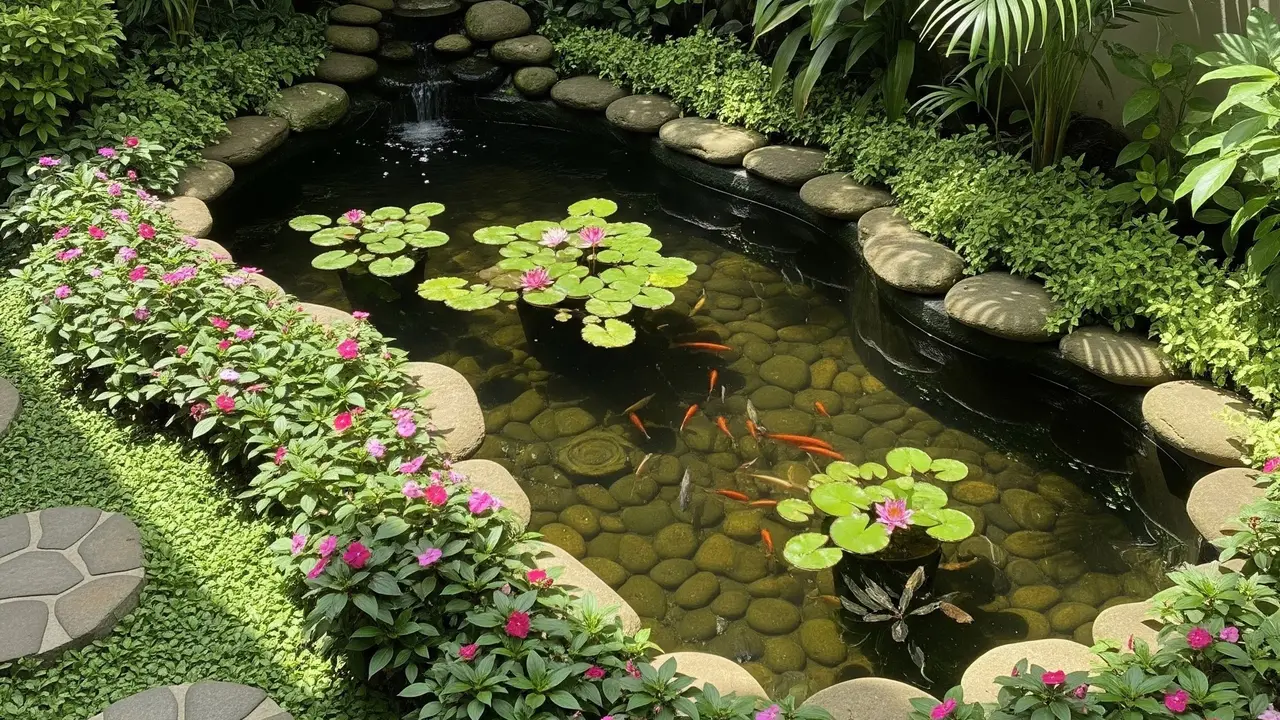 6 Desain Kolam Ikan Ramah Anak dengan Sudut Membulat dan Pagar Alami