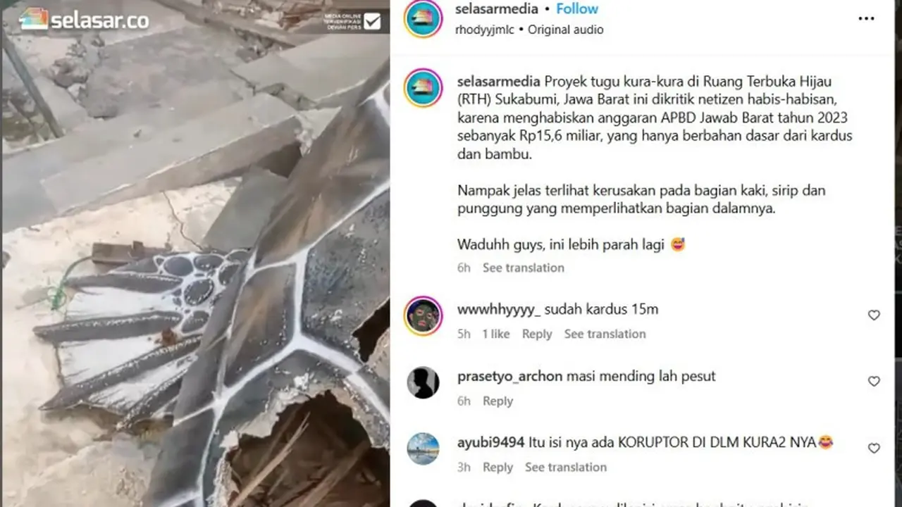 Proyek Tugu Kura-Kura Senilai Rp15 Miliar di Sukabumi Rusak, Bahannya Diduga dari Kardus ...