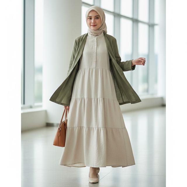 10 Model Gamis Linen Ringan dengan Layering Blazer, Tampil Profesional