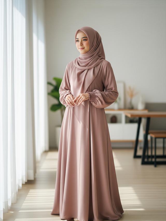 9 Model Gamis A-line Syari Berbahan Jatuh, Tampil Anggun di Momen ...