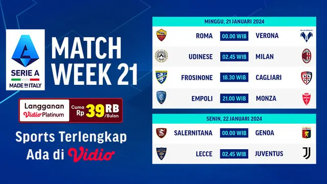 Link Live Streaming Liga Italia 2023/2024 Matchweek 21 di Vidio Pekan Ini - Ragam Bola.com