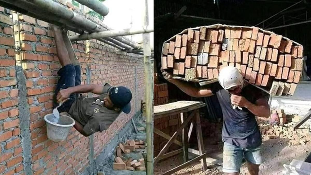 6 Aksi Kuli Bangunan Kerja Bak Latihan Nge-Gym, Pantas Saja Perutnya ...