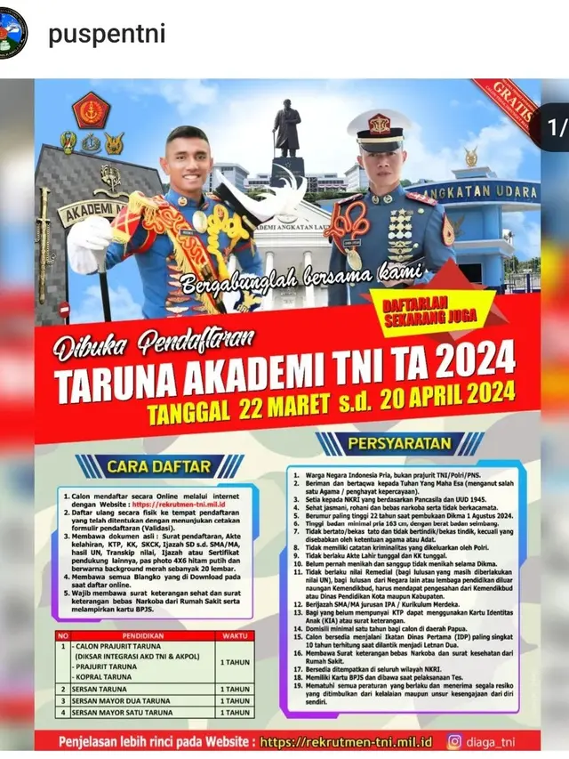 TNI Buka Pendaftaran untuk Calon Perwira Mulai 22 Maret-20 April 2024 ...