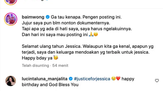 Selamat Ultah untuk Jessica Wongso dari Baim Wong: Walau Kita Gak Kenal, Saya Doakan Yang ...