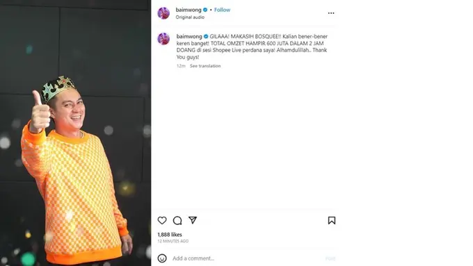 Hanya 2 Jam Saja, Baim Wong Raih Omzet 600 Juta di Sesi Shopee Live ...