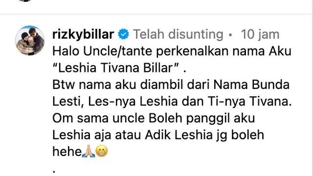 Rizky Billar Umumkan Nama Putrinya, Leshia Tivana Billar, Ada Makna ...
