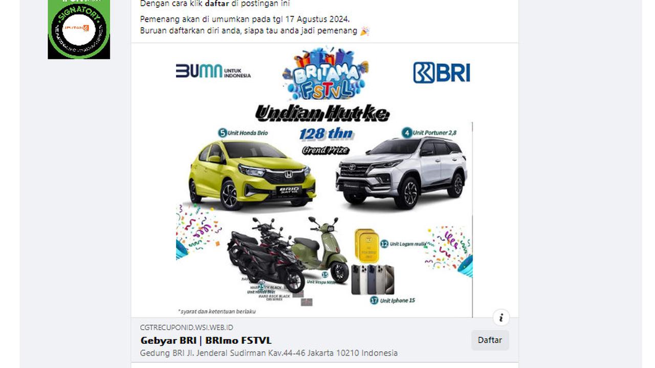 Cek Fakta: Pendaftaran Undian BRI 2024 Festival BRImo HUT ke-128 Ini ...